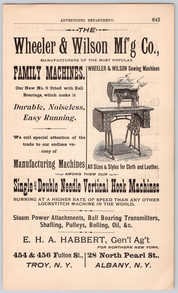 1899 Wheeler & Wilson Sewing Machines Single & Double Needle Albany NY ...