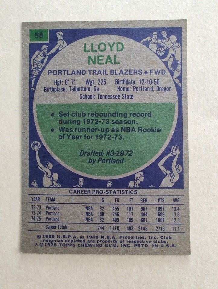 LLOYD NEAL Portland BLAZERS 1975-76 TOPPS BASKETBALL CARD #58 | eBay