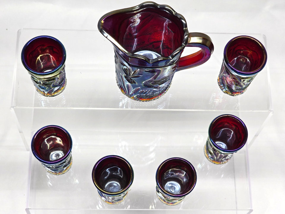 Summit Art Glass Ruby Carnival Stork in Rushes Mini Pitcher & Tumblers ...