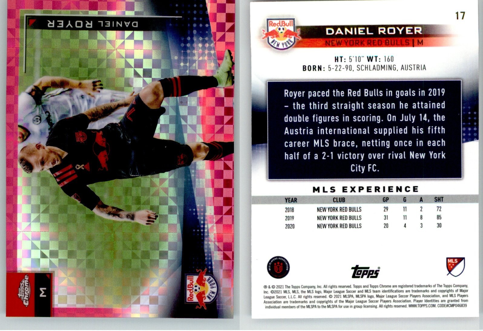 Daniel Royer 2021 Topps Chrome MLS Pink X-Fractor #17 New York Red ...