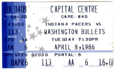 1986 WASHINGTON BULLETS vs INDIANA PACERS ticket stub MANUTE BOL 4/8/86 ...
