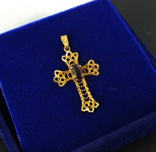 .375 9ct YELLOW GOLD Oval Red GARNET Religious Cross Pendant, 1.02g - BE1 | eBay UK
