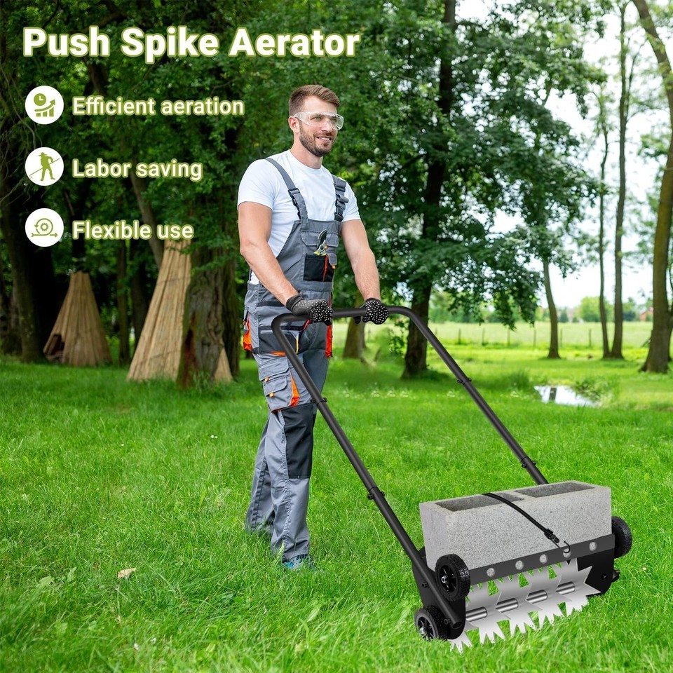 Push Spike Lawn Yard Aerator Tool 18in w/ 4 Wheels Heavy Duty Rolling ...