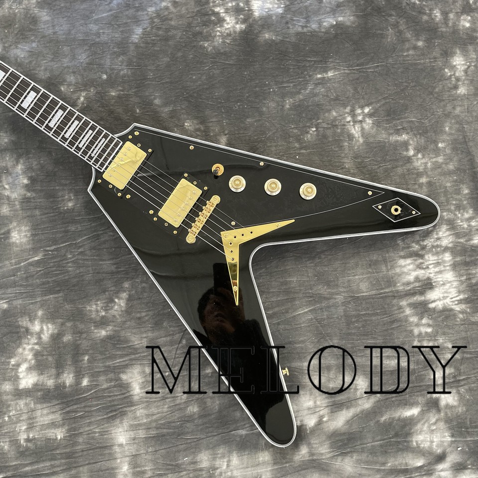 Custom Shop Flying V Black Electric Guitar Strings Thru Body Gold ...