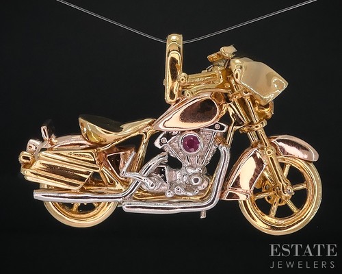 18k Tri Color Gold Dimensional Motorcycle Movable Charm Pendant 28.8g ...