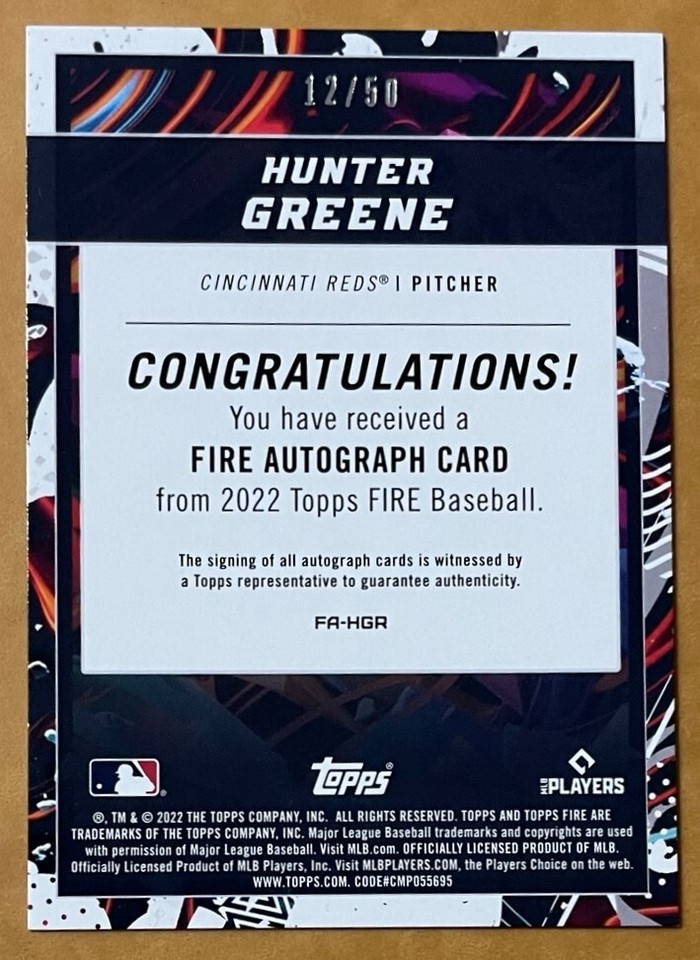 2022 Topps Fire Baseball Hunter Greene RC Auto Purple 12/50 Cincinnati ...
