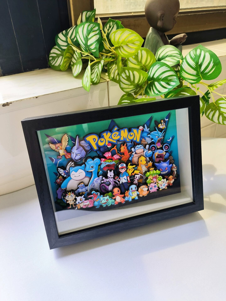 Pokemon Group 3D Shadow Box Picture Display Frame Art Deco Wall Pikachu ...