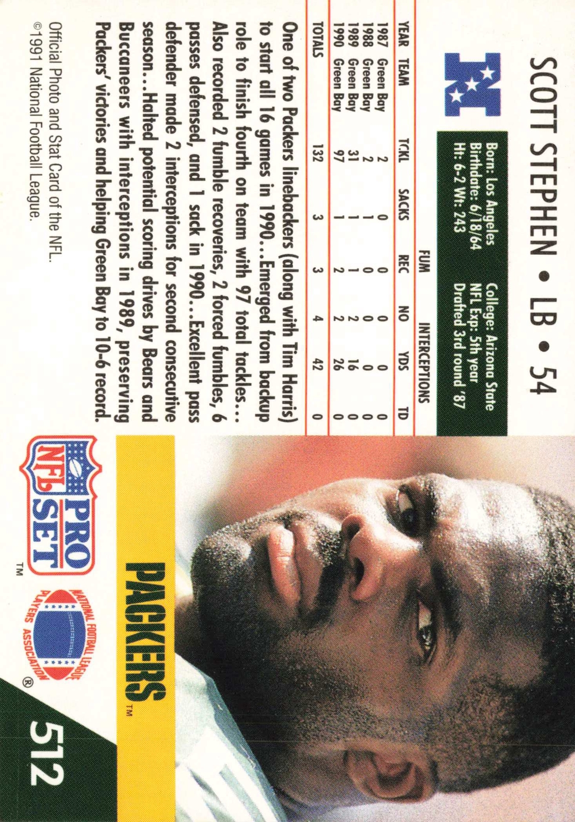 Scott Stephen 1991 Pro Set #512 Green Bay Packers Football | eBay