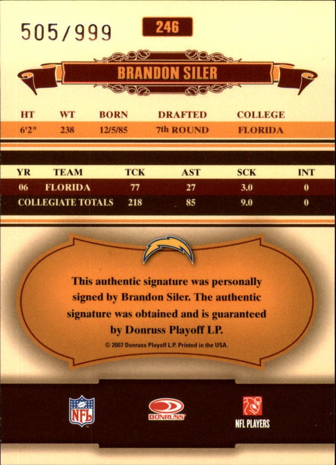 2007 Donruss Classics Football Card #246 Brandon Siler Rookie | eBay