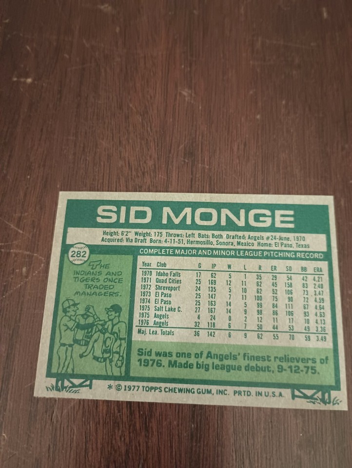 1977 Topps #282 Sid Monge (NRMT) | eBay