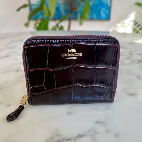 COACH Small Zip Around Wallet Plum Crocodile Embossed Patent Leather ...