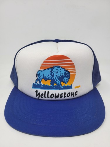 Yellowstone with Buffalo/Bison Logo White w/Blue Mesh Snapback Hat Cap ...