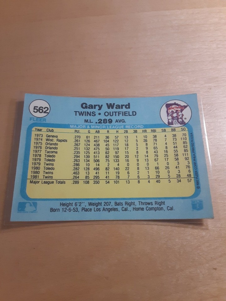1982 Fleer #562 GARY WARD Minnesota Twins Baseball Card, Outfielder ...
