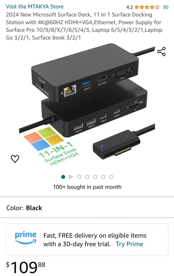 2024 New Microsoft Surface Dock, 11 in 1 Surface DockingStation with 4K ...