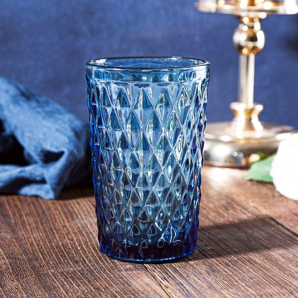 Blue Drinking Glass Set of 6 - Tumbler（12 Oz） Kitchen Glasses Diamond ...