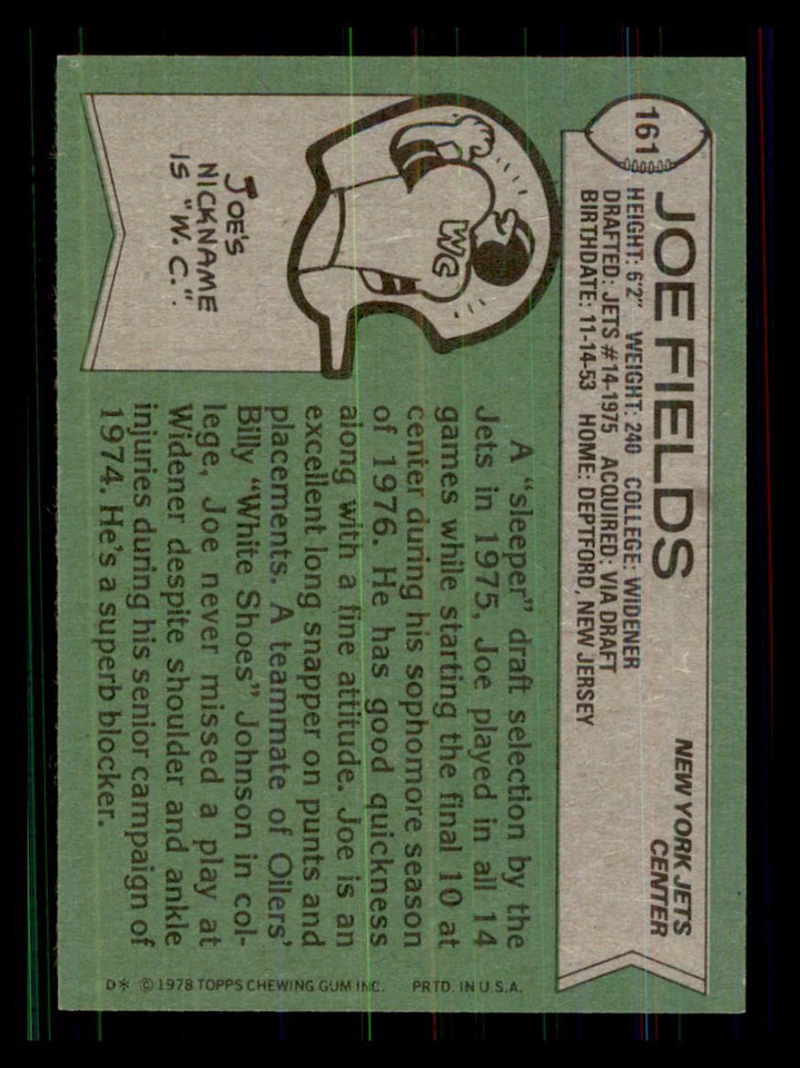 1978 Football Topps Joe Fields New York Jets #161 2 | eBay
