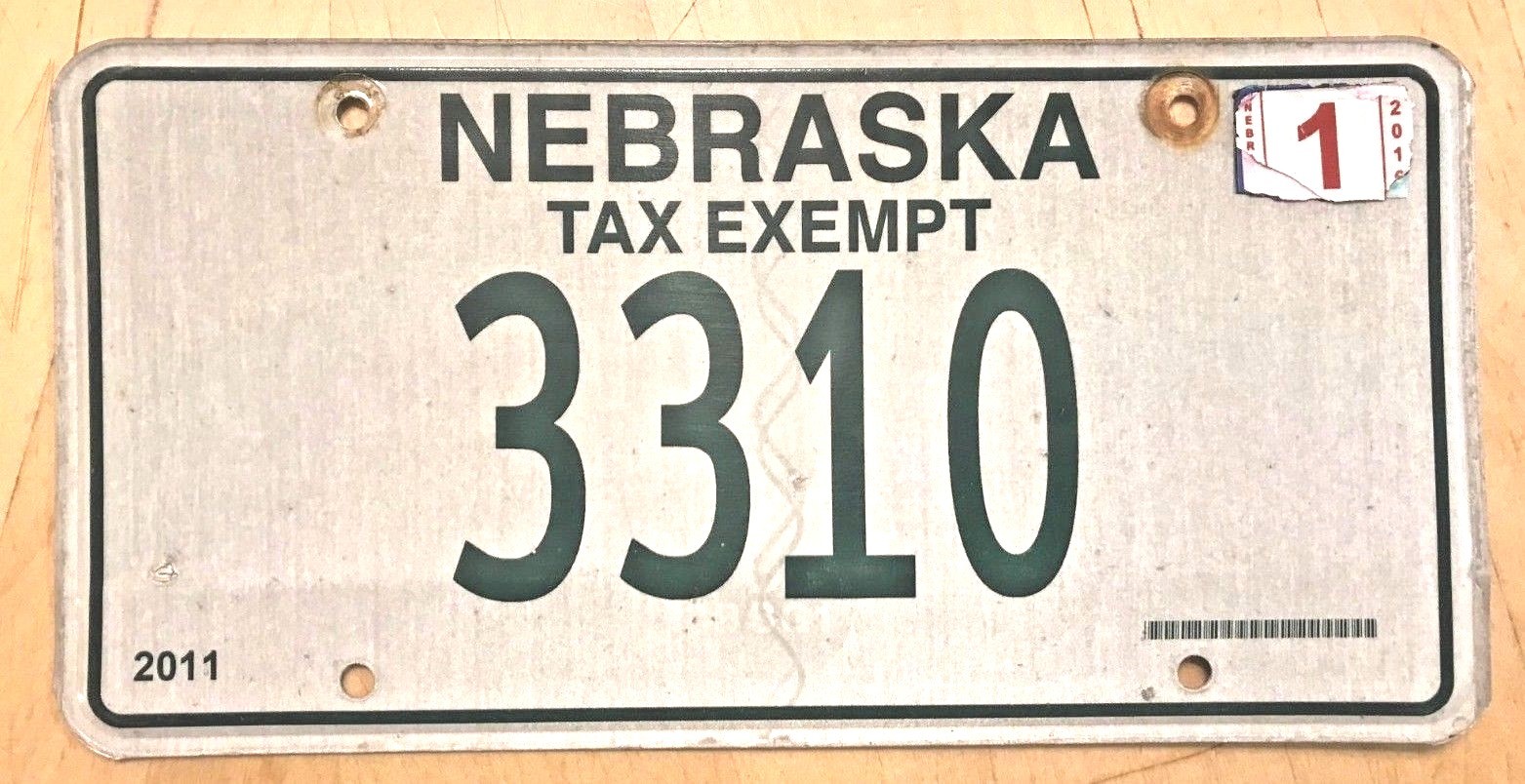NEBRASKA TAX EXEMPT CHARITABLE ORGANIZATION NO FEE LICENSE PLATE " 3310 ...