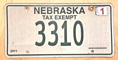 NEBRASKA TAX EXEMPT CHARITABLE ORGANIZATION NO FEE LICENSE PLATE " 3310 ...