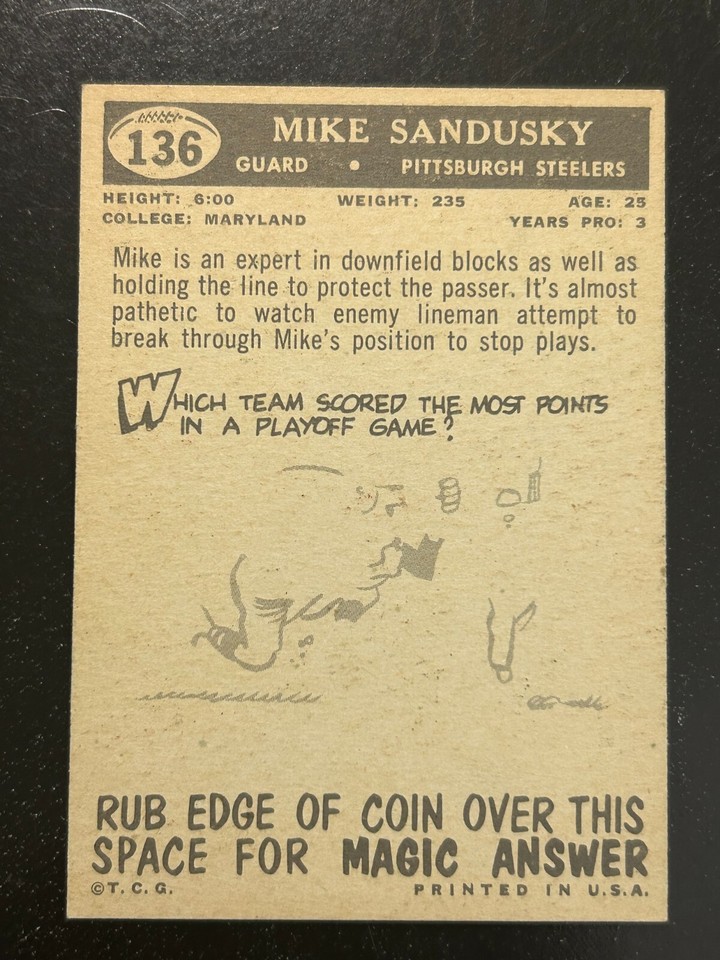 1959 Topps #136 Mike Sandusky Steelers VG-EX | eBay