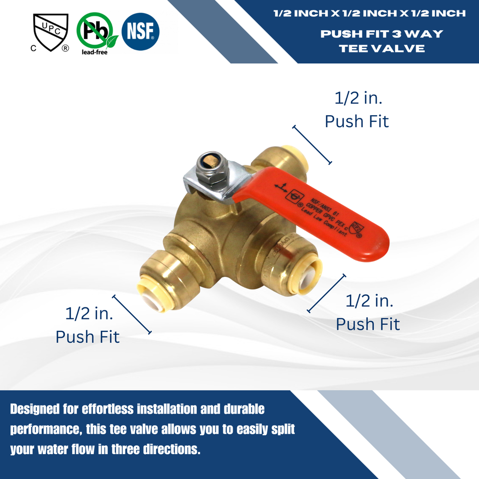 1 Pack XFITTING 1/2" Push Fit Ball Valve 3 Way, 1/2" Push to Connect 3 ...