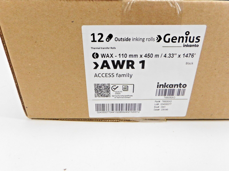 (12 Rolls) Inkanto Wax Ribbon Outside Inking AWR 1 110mm x 450 1"Core ...