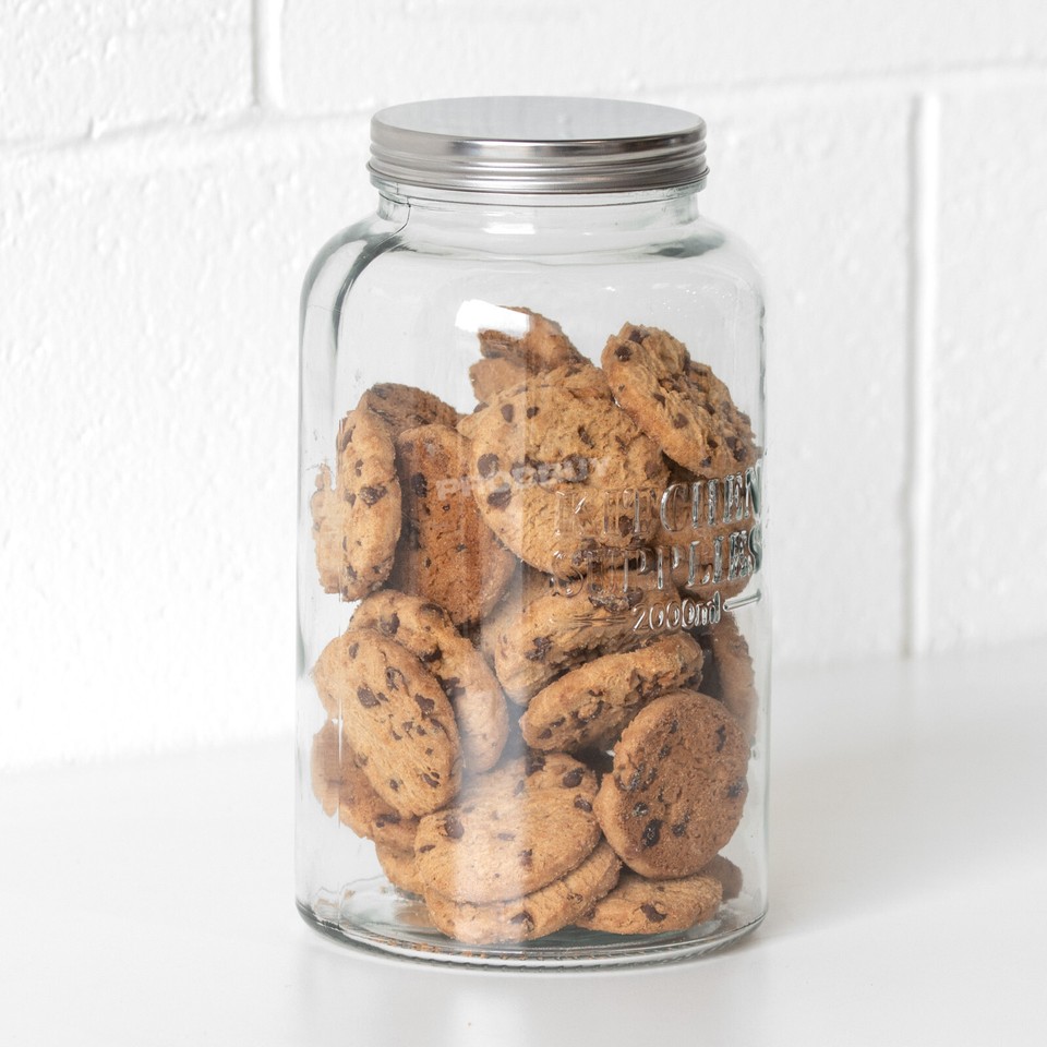 Glass 2 Litre Kitchen Food Storage Jar Biscuit Container Canister w ...