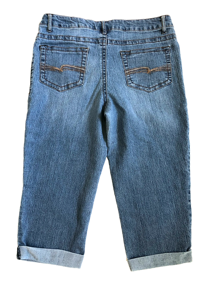 Faded Glory Size 14 (34x19) Cargo Capri Jeans Cuffed Mid Rise Med. Wash ...