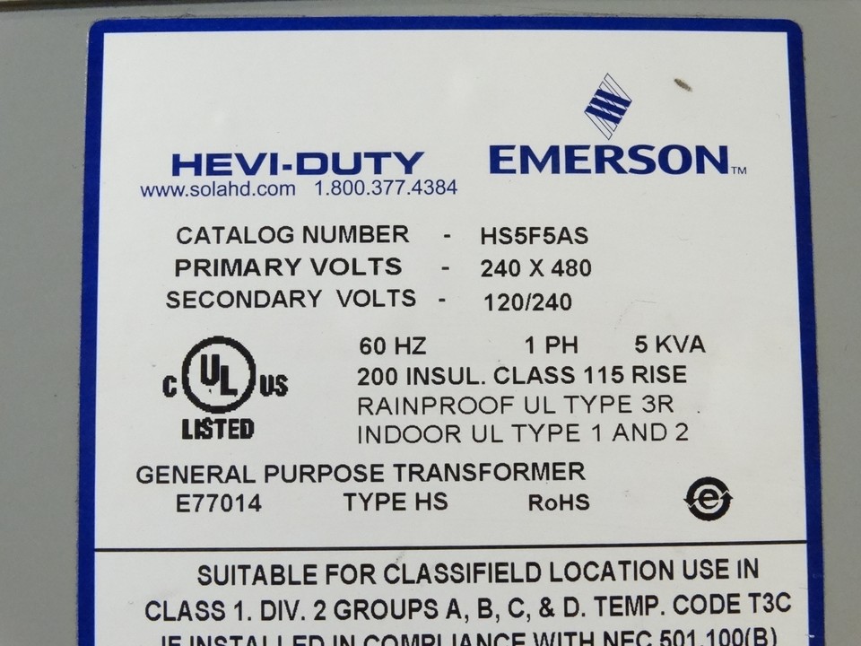 EMERSON HS5F5AS TRANSFORMER USED (488077049 - USED) (488077049 - USED ...