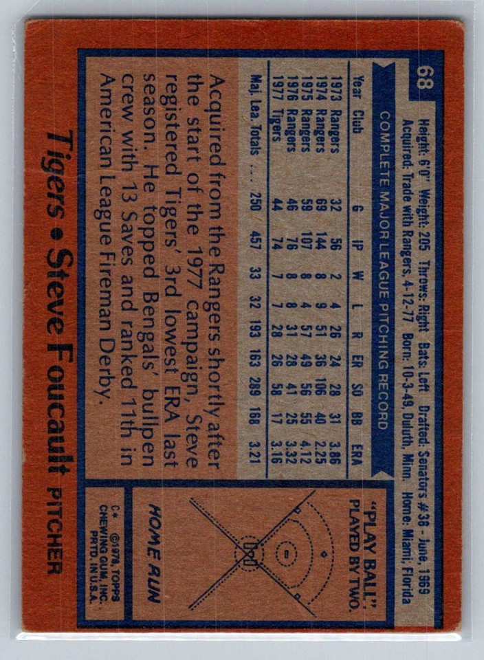 1978 Topps Baseball #68 Steve Foucault - PR - Detroit Tigers | eBay