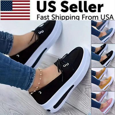 Women Block Shoes Slip On Closed Toe Platform Flat Wedge Casual Lace Up ...