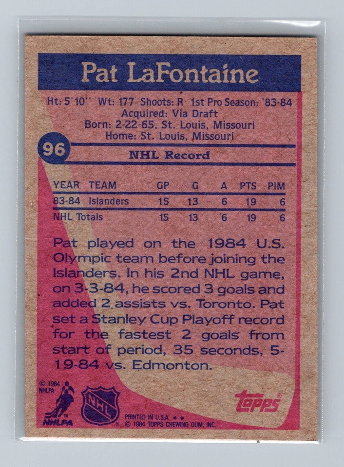 1984 Topps #96 Pat LaFontaine Rookie | eBay