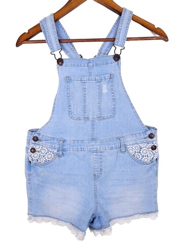 Justice Light Wash Blue Short Overalls White Floral Lace Trim - Girl's ...
