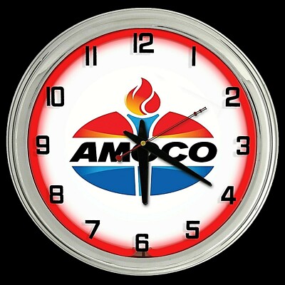 16" Amoco Oil Gasoline Logo Sign Red Neon Clock Chrome Finish Man Cave ...