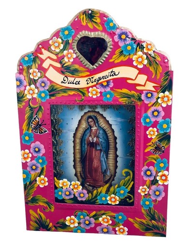VIRGIN GUADALUPE Hand Painted Mexican Tin Nicho LG 13” Sacred Heart ...