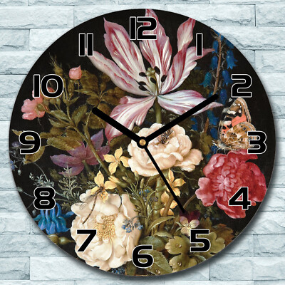 Glass Wall Clock Bouquet of Flowers Dutch Nature Art Round Home Silent ...
