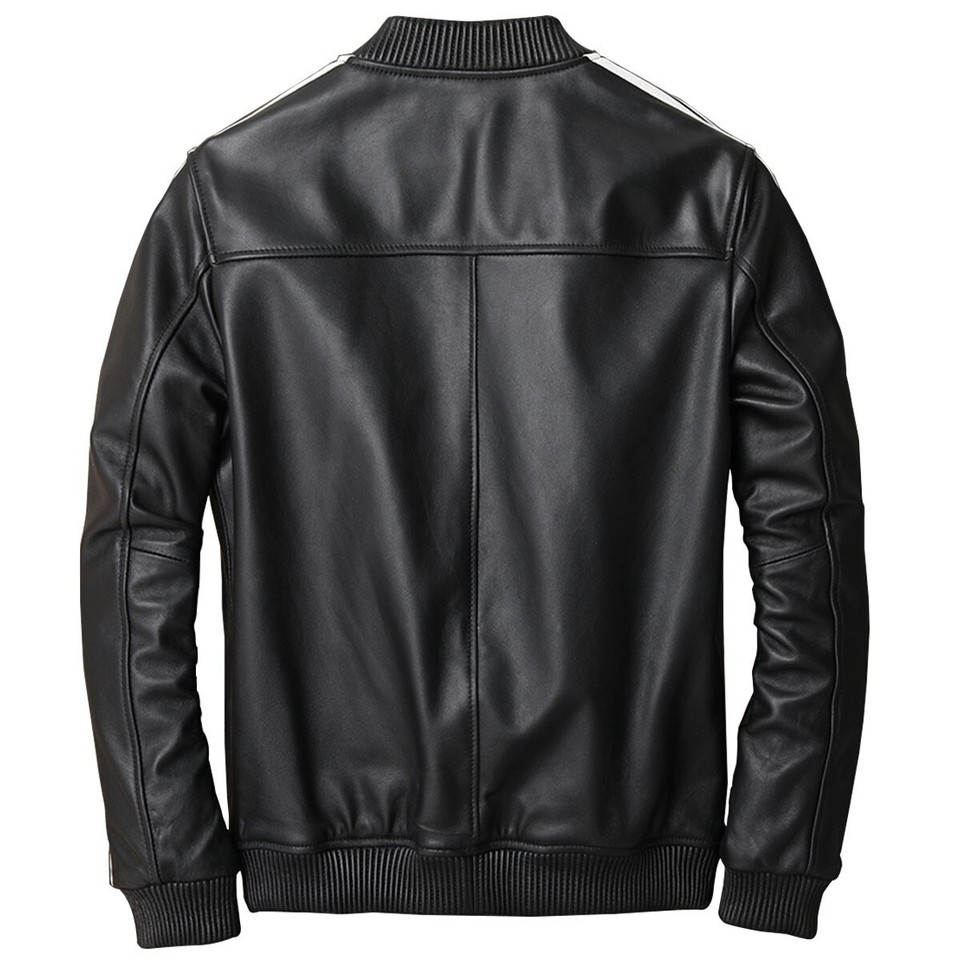 Men's Real Leather Jacket Baseball Jacket Classic White Stripe for ...