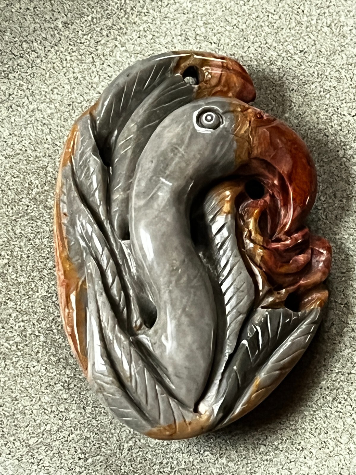 Nicely Carved Gray Bird Head In Foliage w Rust Beak Stone Pendant or ...