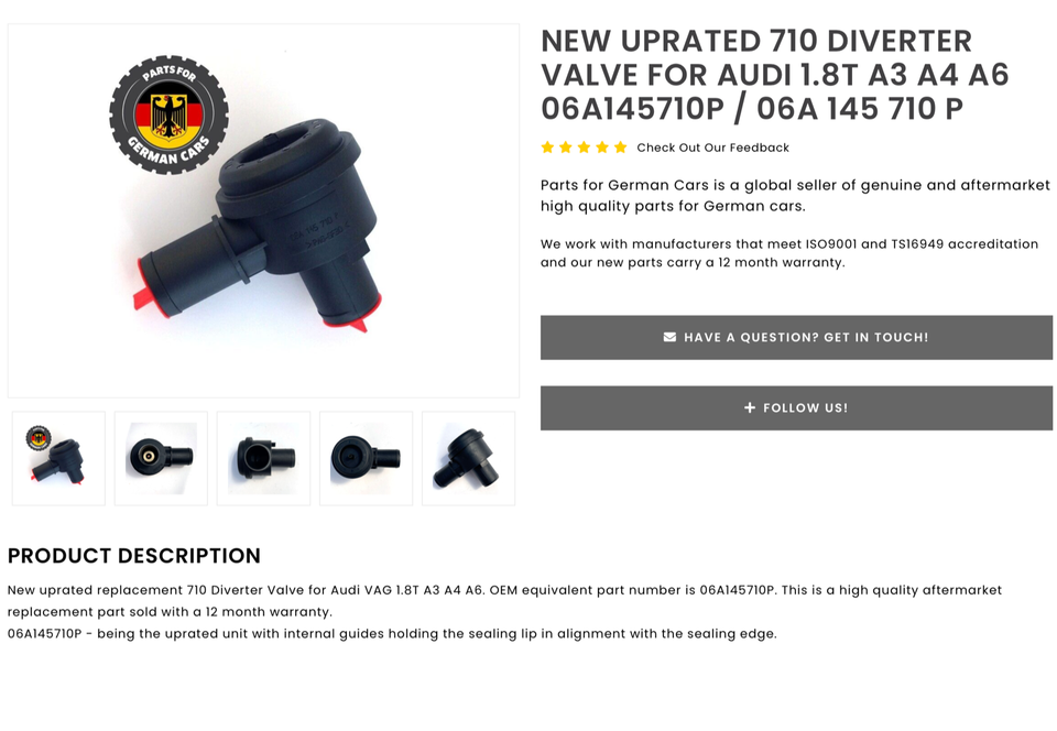 NEW Uprated 710 Diverter Valve for Audi S3 TT S4 RS4 06A145710N / 06A ...