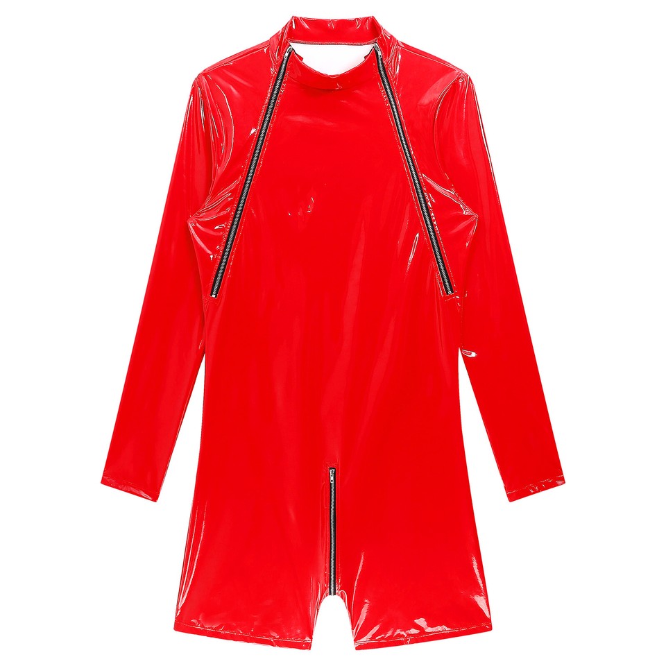 Mens Shiny Liquid Patent Leather Long Sleeve Bodycon Rompers Crotch ...