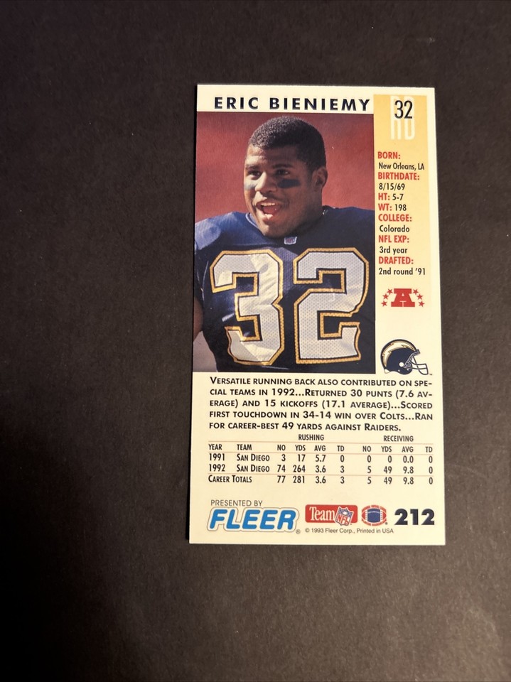 ERIC BIENIEMY 1993 Fleer GameDay Football #212 San Diego Chargers | eBay