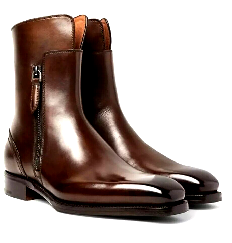 Genuine Handmade Leather Ankle Zipper Boots For Men's, Ankle Dress, Men ...