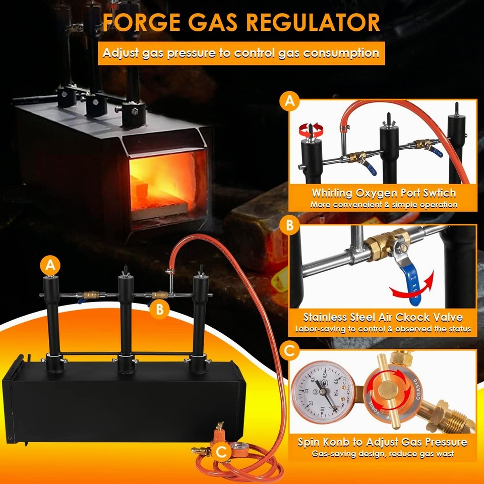 Propane Gas Forge Triple Burner Portable with One Door, Tongs & Welding ...