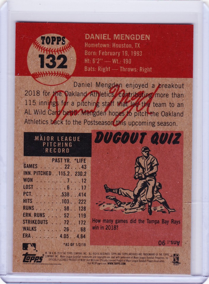 Daniel Mengden Oakland Athletics A's 2019 Topps 1953 Living Set 132 ...