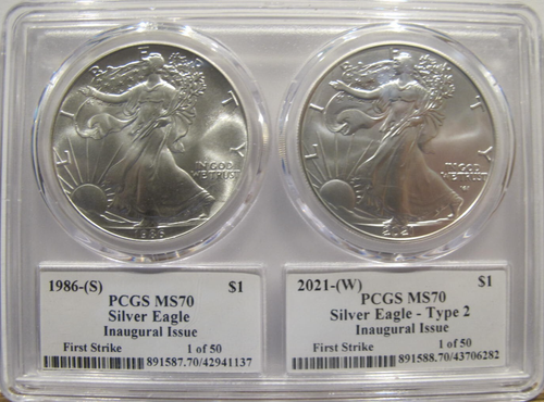1986 & 2021 SILVER EAGLE PCGS MS70 70 JOHN MERCANTI & EMILY DAMSTRA ...