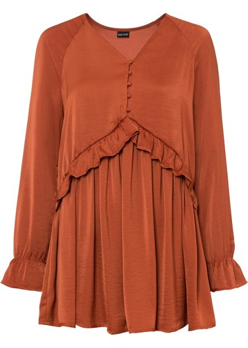 Long-Satin-Tunika mit Volant Gr. 38 Rostbraun Langarm Bluse Damenbluse ...