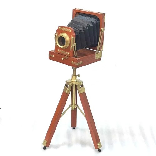 Antique Style Vintage Folding Camera With Wooden Tripod Stand Floor ...