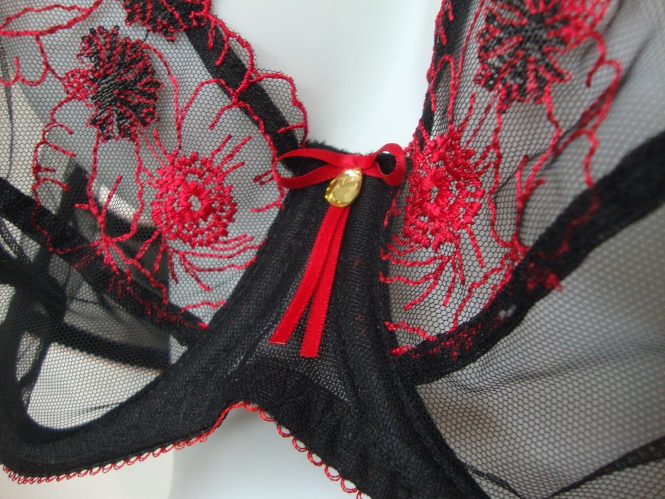 Freya Ultra Sheer Bra 38E Black Sheer Mesh Red Lace Trim Unlined ...