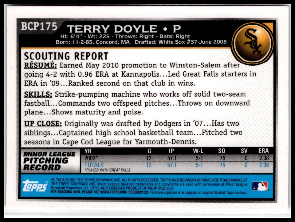 Terry Doyle #BCP175 2010 Bowman Chrome Prospects Chicago White Sox | eBay