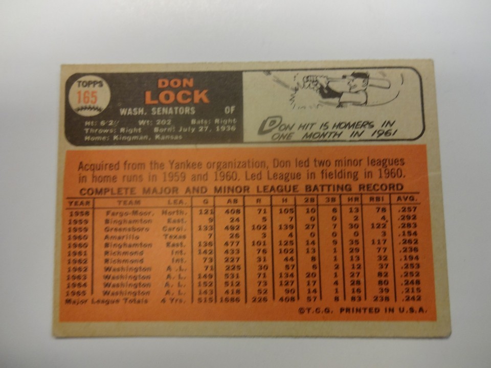 1966 Topps Baseball Don Lock Card #165 Washington Senators | eBay