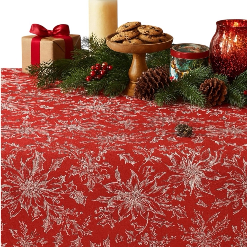 Ralph Lauren Tablecloth 60x104 Red Christmas Poinsettia Holiday Dinning ...